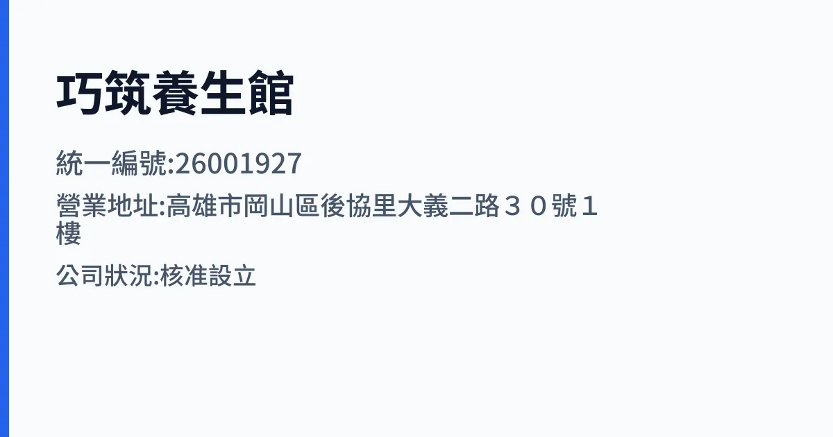 巧筑養生館 - 統編 26001927(高雄市) 公司登記資料與營業項目詳細圖表