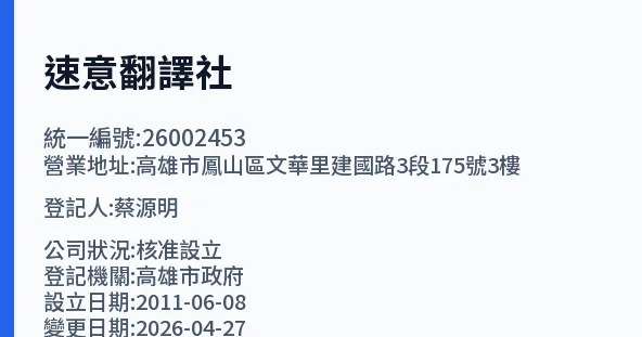 速意翻譯社的照片-統編 26002453(高雄市) 公司登記資料與營業項目詳細圖表
