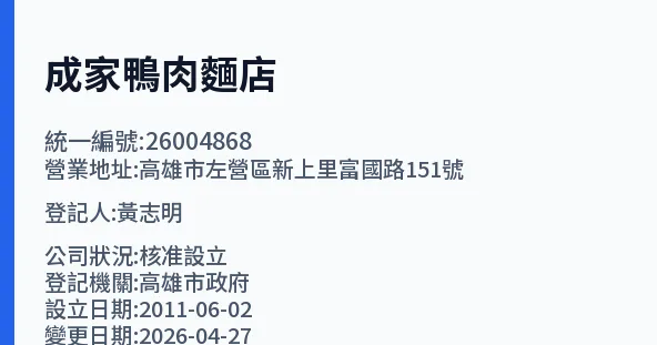 成家鴨肉麵店的照片-統編 26004868(高雄市) 公司登記資料與營業項目詳細圖表