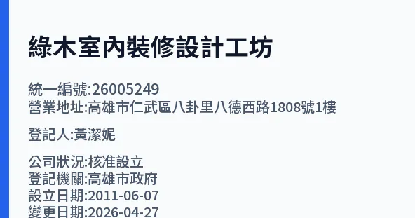 綠木室內裝修設計工坊的照片-統編 26005249(高雄市) 公司登記資料與營業項目詳細圖表