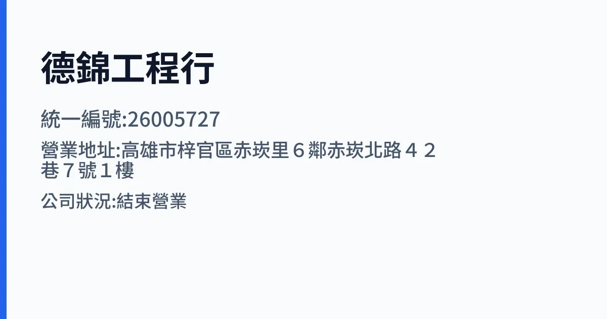德錦工程行 - 統編 26005727(高雄市) 公司登記資料與營業項目詳細圖表