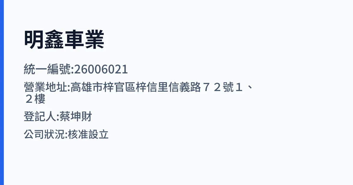 明鑫車業 - 統編 26006021(高雄市) 公司登記資料與營業項目詳細圖表