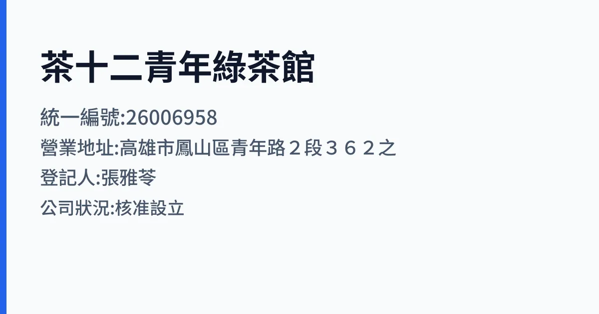 茶十二青年綠茶館 - 統編 26006958(高雄市) 公司登記資料與營業項目詳細圖表