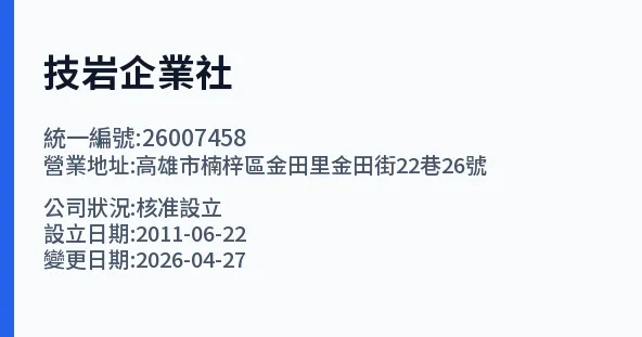 技岩企業社的照片-統編 26007458(高雄市) 公司登記資料與營業項目詳細圖表