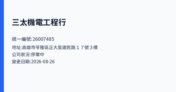 三太機電工程行的照片-統編 26007485(高雄市) 公司登記資料與營業項目詳細圖表