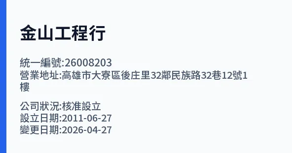 金山工程行的照片-統編 26008203(高雄市) 公司登記資料與營業項目詳細圖表