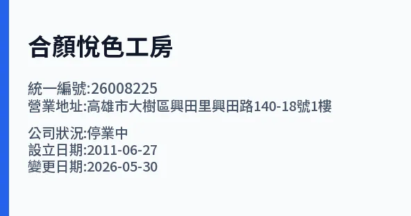 合顏悅色工房的照片-統編 26008225(高雄市) 公司登記資料與營業項目詳細圖表