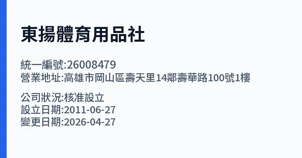 東揚體育用品社的照片-統編 26008479(高雄市) 公司登記資料與營業項目詳細圖表