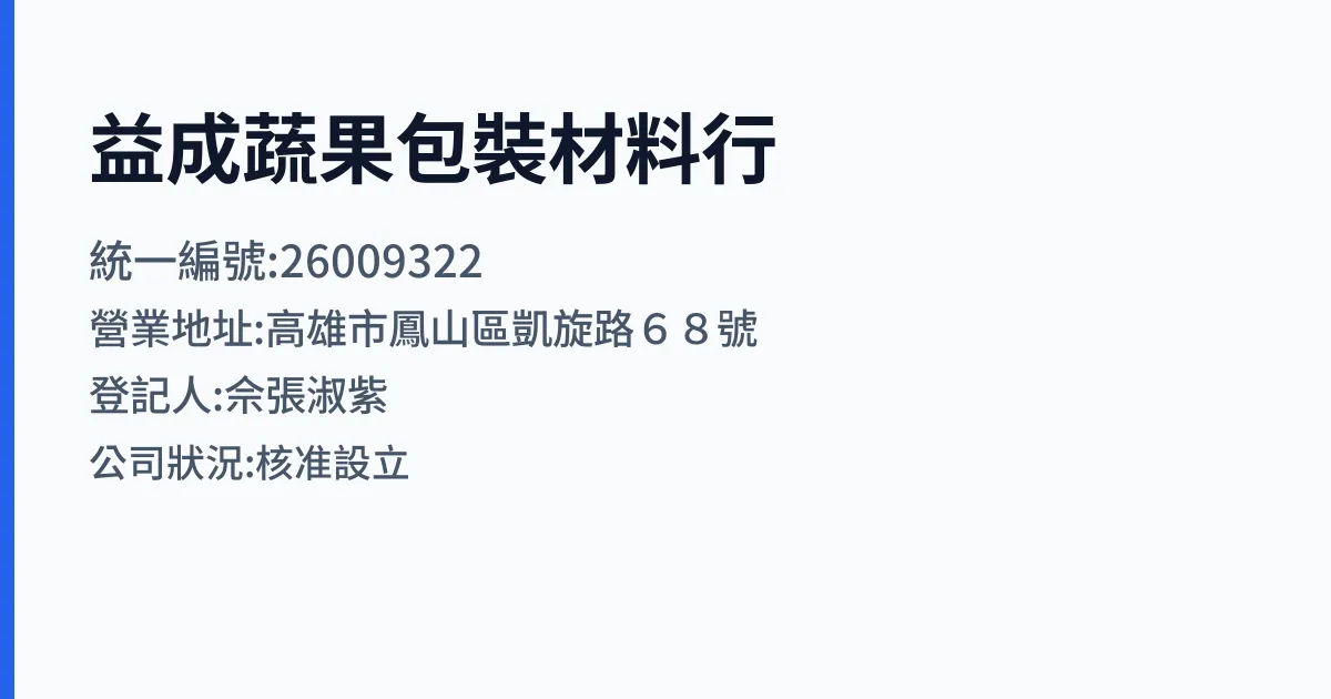 益成蔬果包裝材料行 - 統編 26009322(高雄市) 公司登記資料與營業項目詳細圖表
