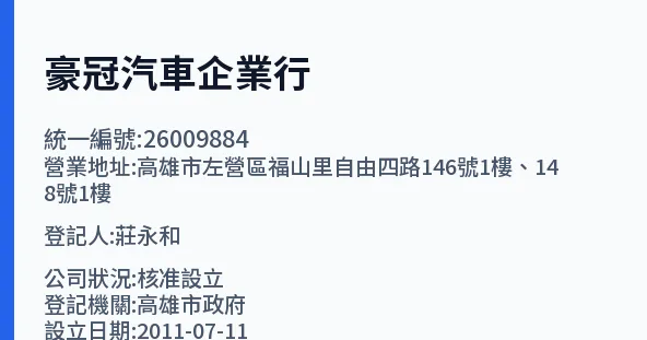 豪冠汽車企業行的照片-統編 26009884(高雄市) 公司登記資料與營業項目詳細圖表