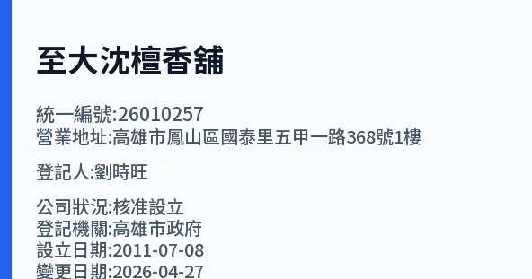 至大沈檀香舖的照片-統編 26010257(高雄市) 公司登記資料與營業項目詳細圖表
