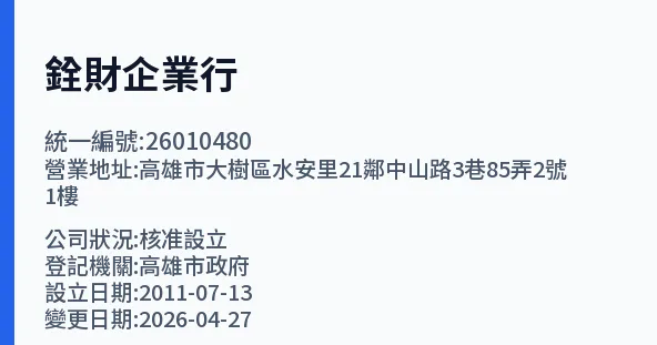 銓財企業行的照片-統編 26010480(高雄市) 公司登記資料與營業項目詳細圖表