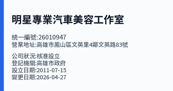 明星專業汽車美容工作室的照片-統編 26010947(高雄市) 公司登記資料與營業項目詳細圖表