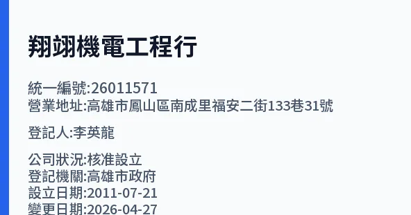 翔翊機電工程行的照片-統編 26011571(高雄市) 公司登記資料與營業項目詳細圖表