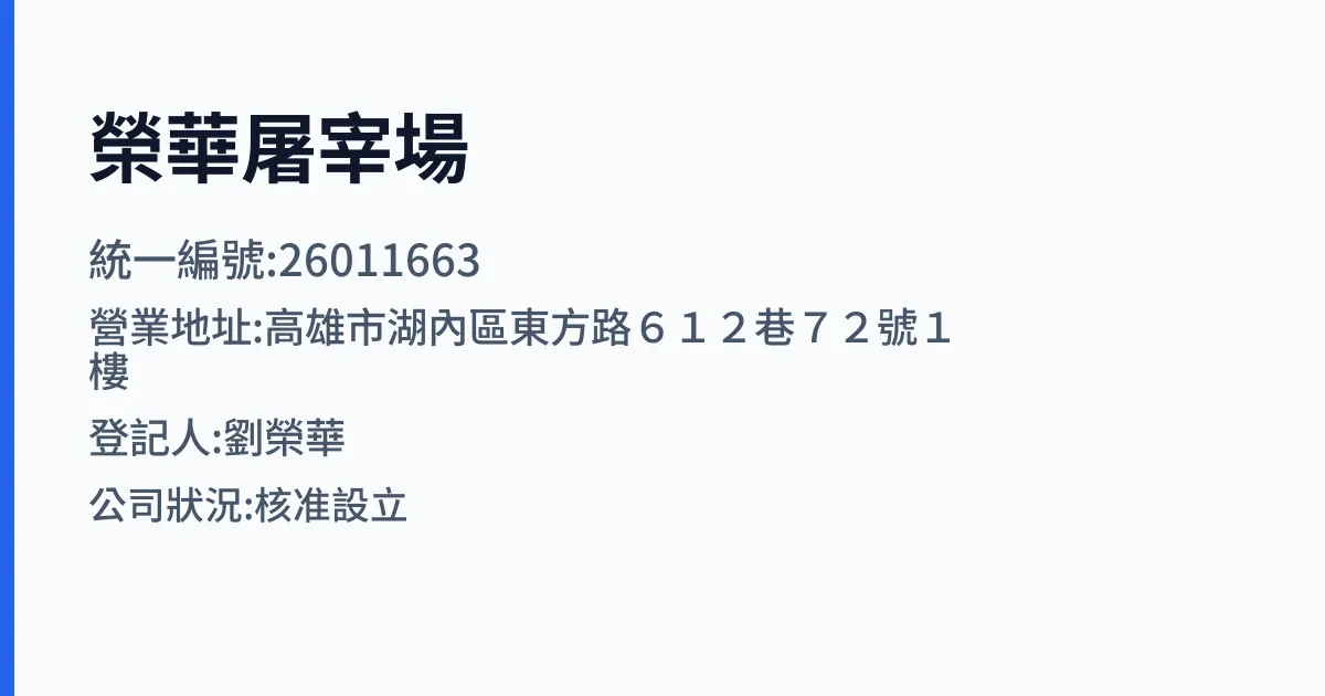榮華屠宰場 - 統編 26011663(高雄市) 公司登記資料與營業項目詳細圖表