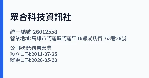 眾合科技資訊社的照片-統編 26012558(高雄市) 公司登記資料與營業項目詳細圖表