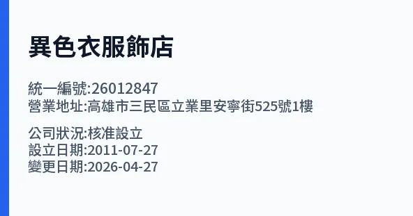 異色衣服飾店的照片-統編 26012847(高雄市) 公司登記資料與營業項目詳細圖表