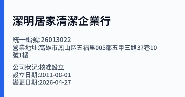 潔明居家清潔企業行的照片-統編 26013022(高雄市) 公司登記資料與營業項目詳細圖表