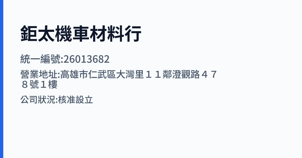鉅太機車材料行 - 統編 26013682(高雄市) 公司登記資料與營業項目詳細圖表