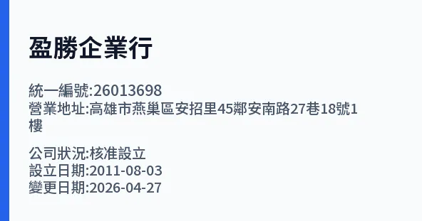 盈勝企業行的照片-統編 26013698(高雄市) 公司登記資料與營業項目詳細圖表