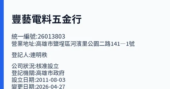 豐藝電料五金行的照片-統編 26013803(高雄市) 公司登記資料與營業項目詳細圖表
