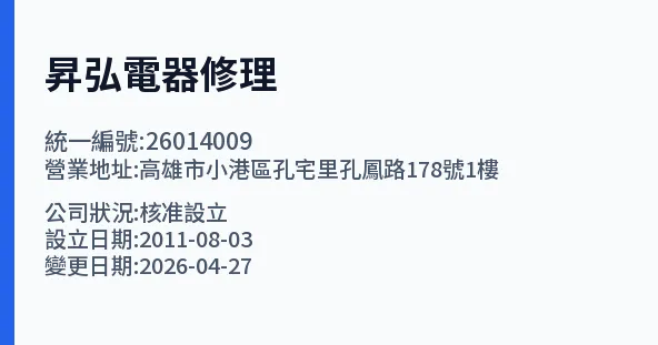 昇弘電器修理的照片-統編 26014009(高雄市) 公司登記資料與營業項目詳細圖表