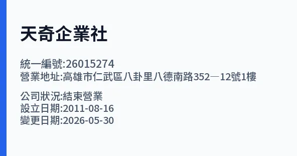 天奇企業社的照片-統編 26015274(高雄市) 公司登記資料與營業項目詳細圖表