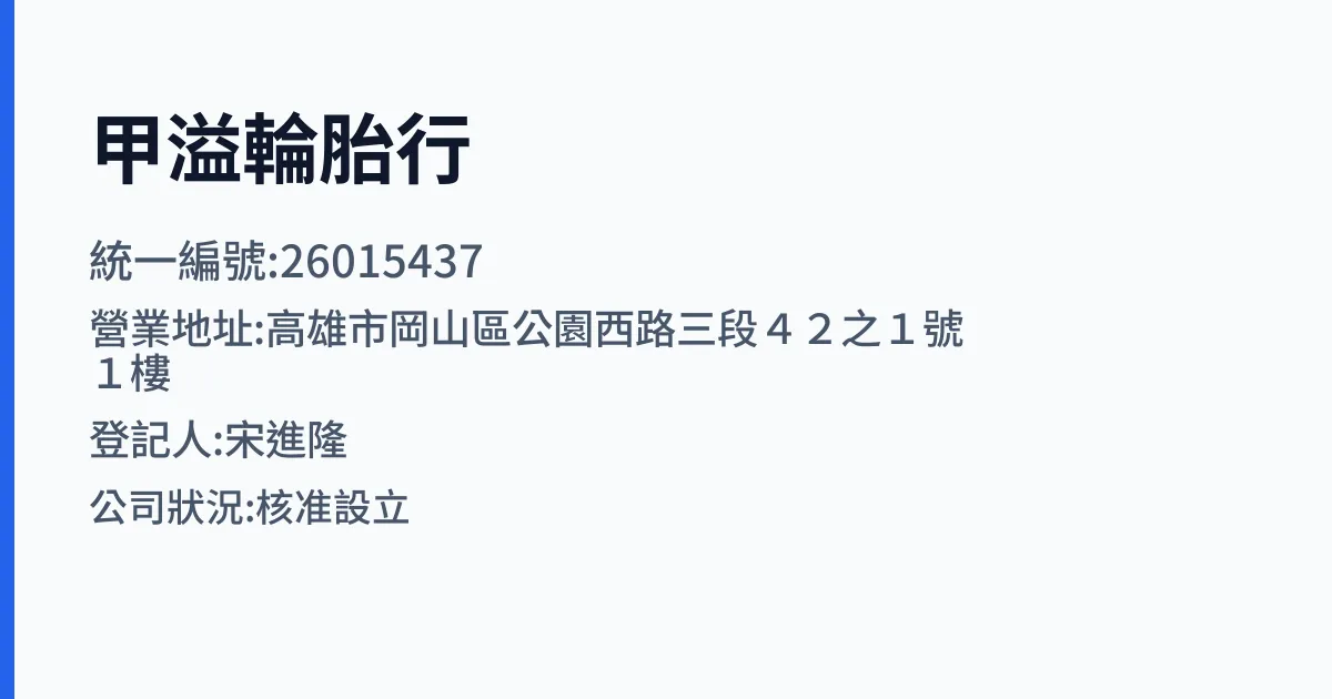 甲溢輪胎行 - 統編 26015437(高雄市) 公司登記資料與營業項目詳細圖表