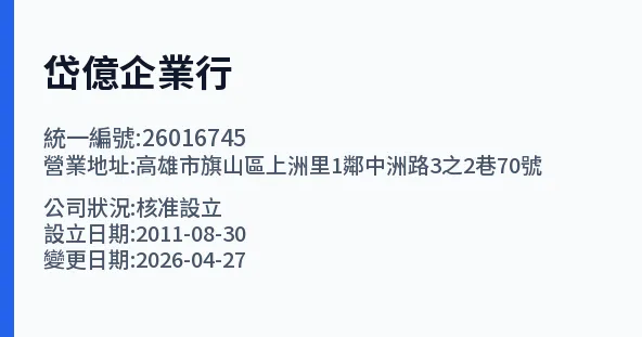 岱億企業行的照片-統編 26016745(高雄市) 公司登記資料與營業項目詳細圖表
