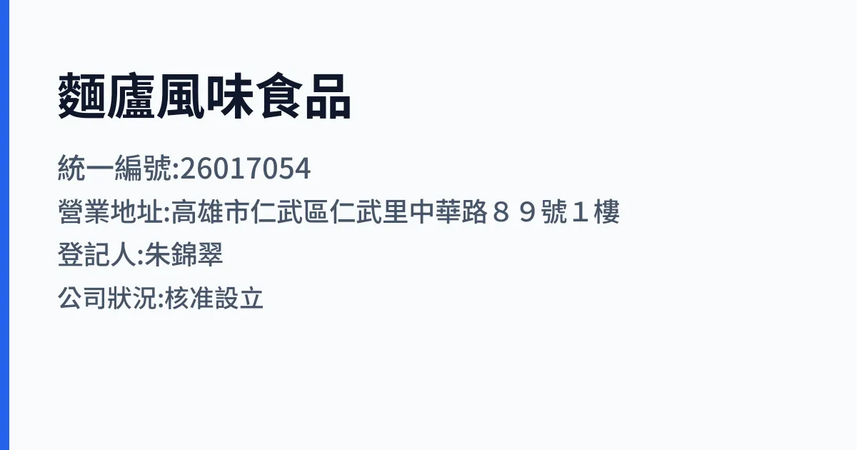 麵廬風味食品 - 統編 26017054(高雄市) 公司登記資料與營業項目詳細圖表