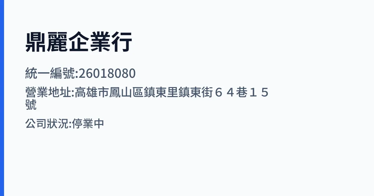 鼎麗企業行 - 統編 26018080(高雄市) 公司登記資料與營業項目詳細圖表