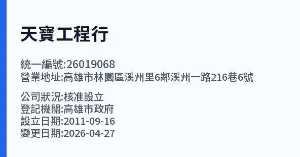 天寶工程行的照片-統編 26019068(高雄市) 公司登記資料與營業項目詳細圖表