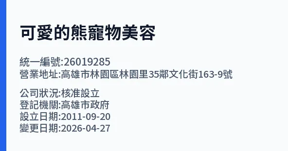 可愛的熊寵物美容的照片-統編 26019285(高雄市) 公司登記資料與營業項目詳細圖表