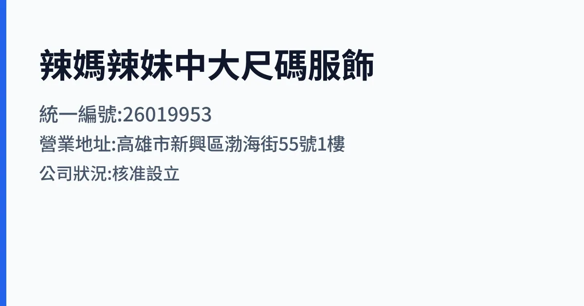 辣媽辣妹中大尺碼服飾 - 統編 26019953(高雄市) 公司登記資料與營業項目詳細圖表