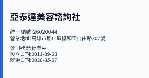 亞泰達美容諮詢社的照片-統編 26020044(高雄市) 公司登記資料與營業項目詳細圖表