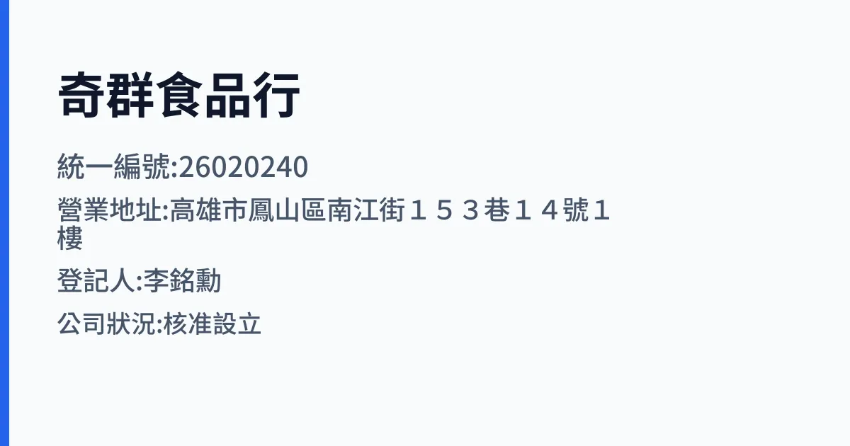 奇群食品行 - 統編 26020240(高雄市) 公司登記資料與營業項目詳細圖表
