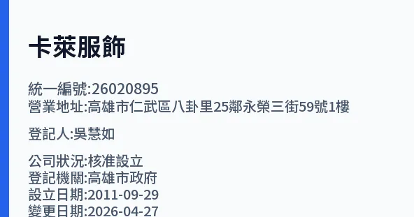 卡萊服飾的照片-統編 26020895(高雄市) 公司登記資料與營業項目詳細圖表