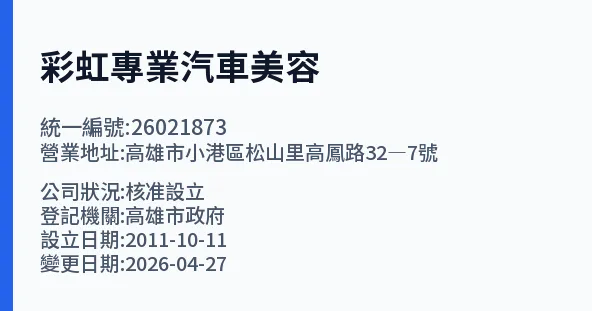 彩虹專業汽車美容的照片-統編 26021873(高雄市) 公司登記資料與營業項目詳細圖表