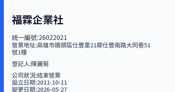 福霖企業社的照片-統編 26022021(高雄市) 公司登記資料與營業項目詳細圖表