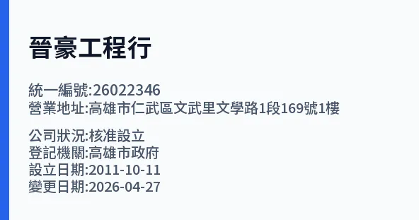 晉豪工程行的照片-統編 26022346(高雄市) 公司登記資料與營業項目詳細圖表