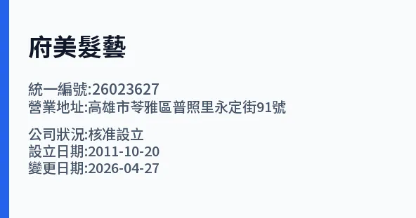 府美髮藝的照片-統編 26023627(高雄市) 公司登記資料與營業項目詳細圖表