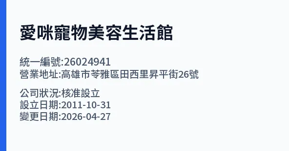 愛咪寵物美容生活館的照片-統編 26024941(高雄市) 公司登記資料與營業項目詳細圖表