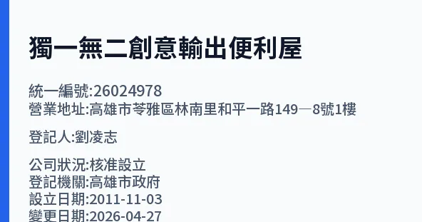 獨一無二創意輸出便利屋的照片-統編 26024978(高雄市) 公司登記資料與營業項目詳細圖表