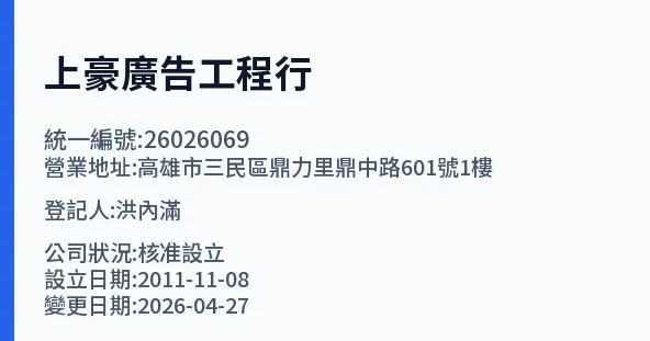 上豪廣告工程行的照片-統編 26026069(高雄市) 公司登記資料與營業項目詳細圖表
