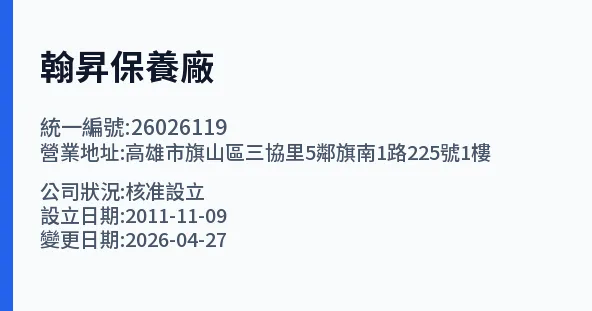 翰昇保養廠的照片-統編 26026119(高雄市) 公司登記資料與營業項目詳細圖表