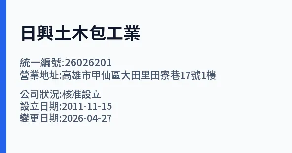 日興土木包工業的照片-統編 26026201(高雄市) 公司登記資料與營業項目詳細圖表