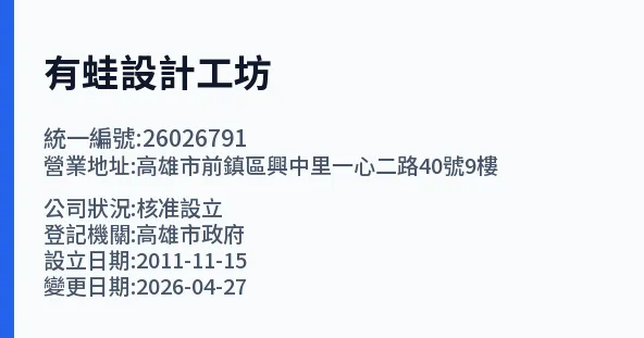 有蛙設計工坊的照片-統編 26026791(高雄市) 公司登記資料與營業項目詳細圖表