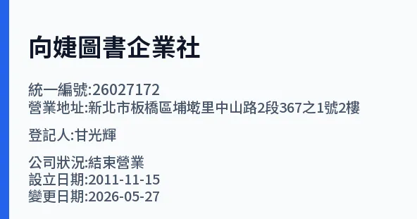 向婕圖書企業社的照片-統編 26027172(新北市) 公司登記資料與營業項目詳細圖表