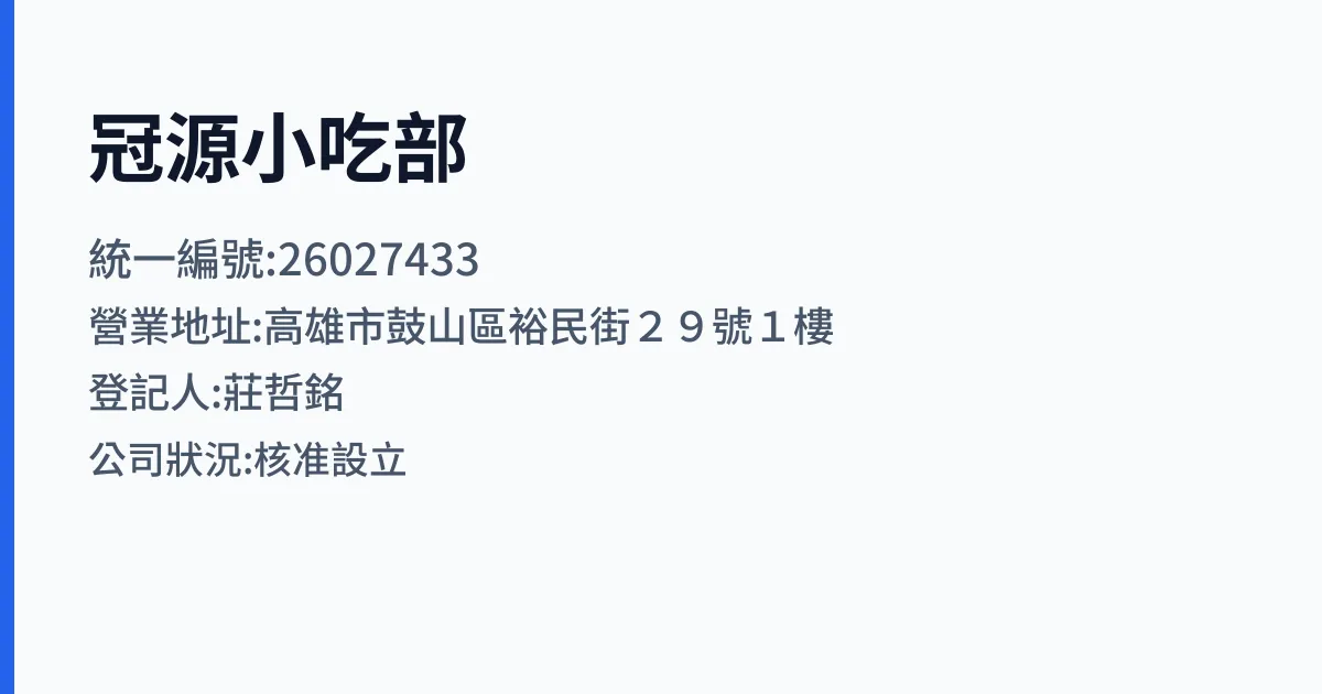 冠源小吃部 - 統編 26027433(高雄市) 公司登記資料與營業項目詳細圖表