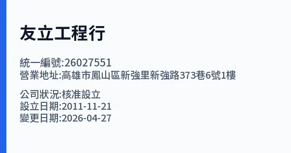 友立工程行的照片-統編 26027551(高雄市) 公司登記資料與營業項目詳細圖表